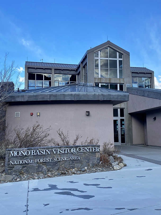 The Mono Basin Visitor Center perches on a hillside, offering panoramic views and fascinating exhibits inside.