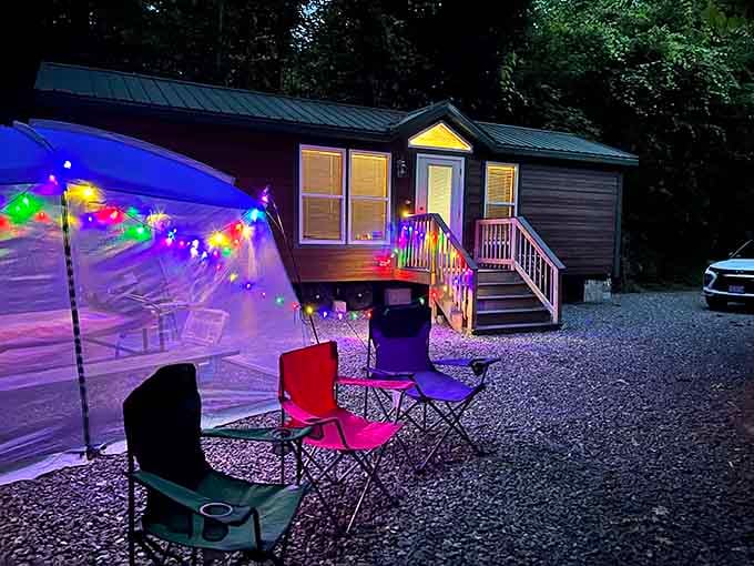 Cabin life with festive lights because camping doesn't mean you can't have a little decorative flair.