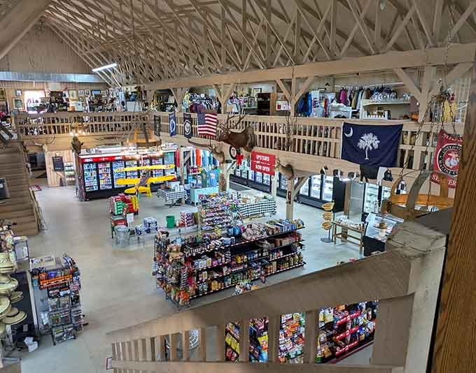 The upstairs view reveals a full grocery store, because why not shop after eating your weight in steak?