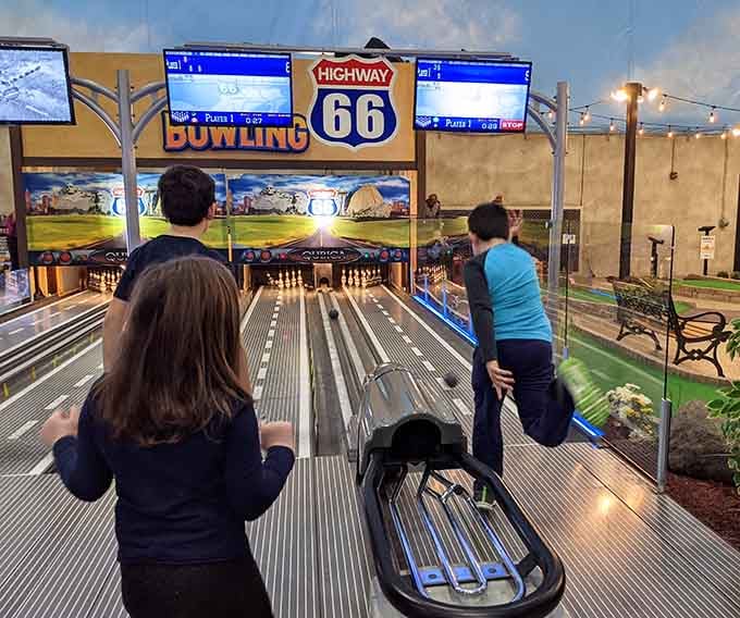 Highway 66 bowling lanes bring Americana indoors, strikes and spares with a nostalgic roadside diner vibe.