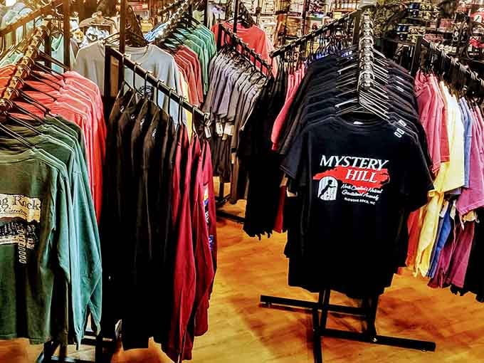 Mystery Hill merchandise comes in every color imaginable, because nothing says "I survived the gravitational anomaly" quite like a souvenir t-shirt.