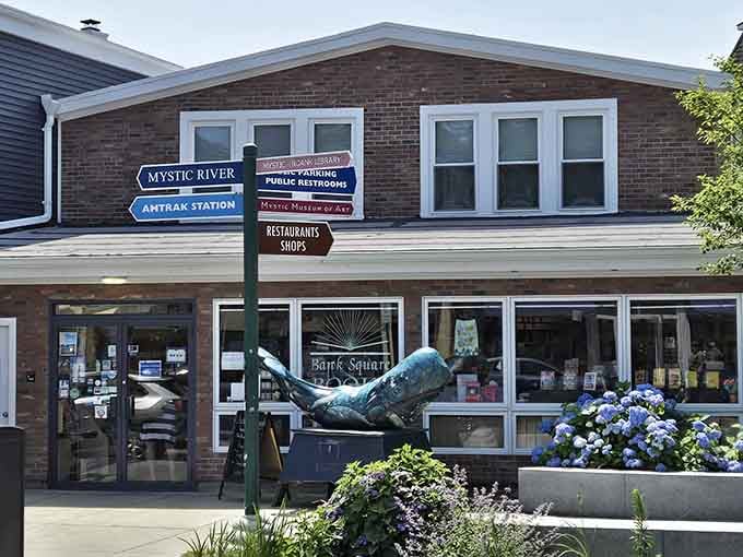 A blue whale sculpture welcomes book lovers, because nothing says "come read" quite like a giant marine mammal outside the door.