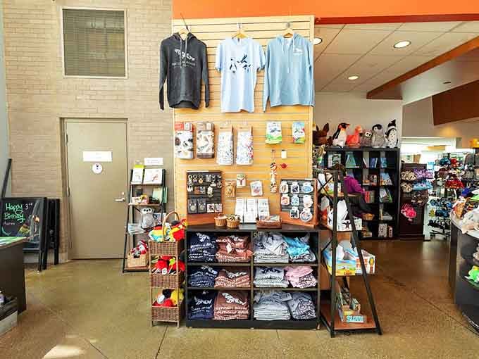The gift shop delivers everything from bird-themed hoodies to plush penguins. Your wallet will not leave this room unscathed.