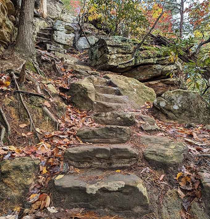 Stone steps carved into the hillside lead adventurers upward – each one a small victory on the journey ahead.
