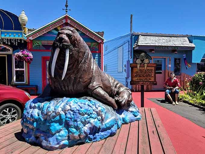 The walrus statue welcomes you to Bayfront adventures, though the real sea lions are significantly louder neighbors.