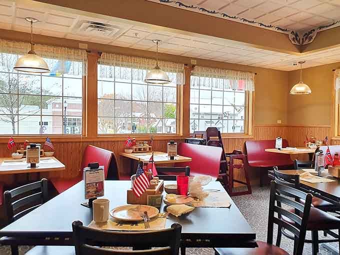 Bright windows, cozy booths, and American flags: classic Wisconsin dining at its absolute finest.