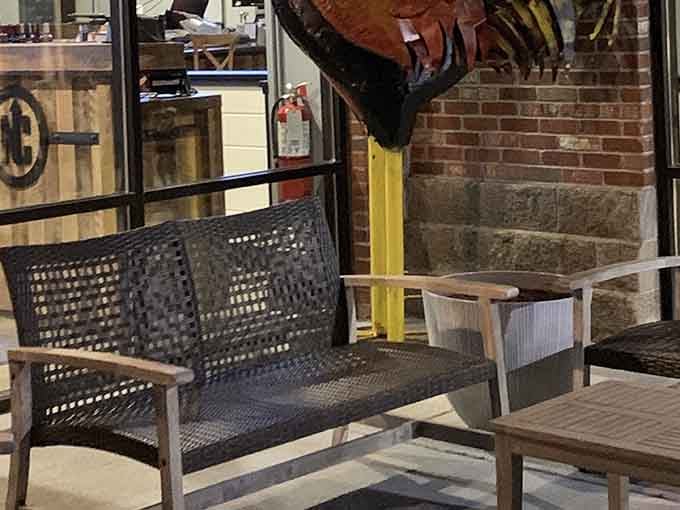 Even the waiting area has personality, with rooster art reminding you that good things are worth the wait.