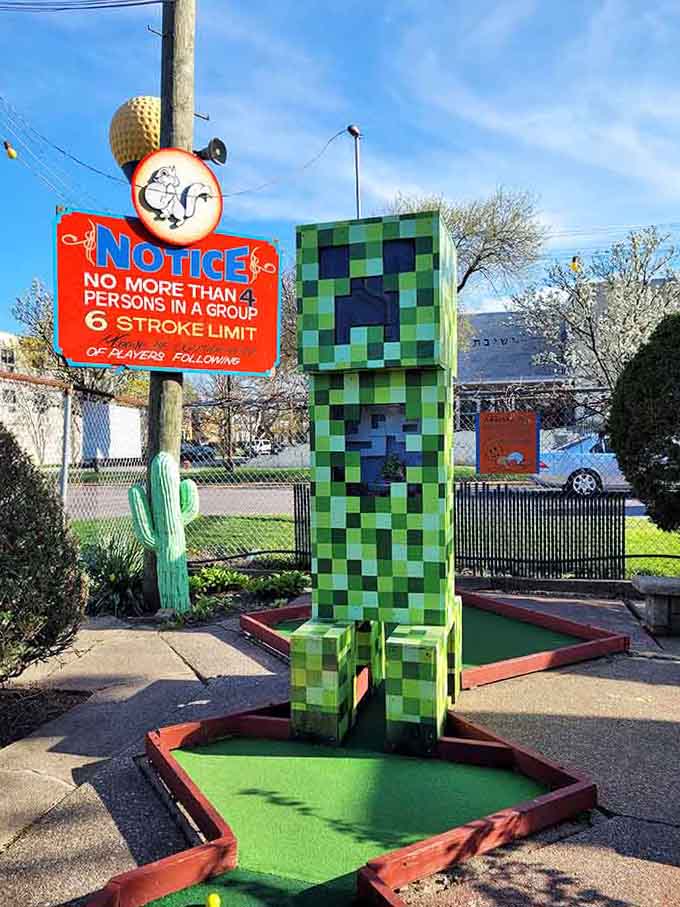 A pixelated friend standing guard, proving that old-school charm and modern pop culture can coexist beautifully.