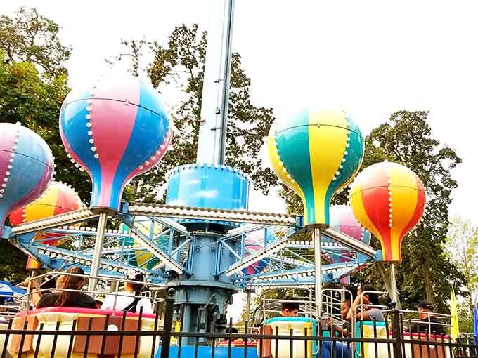 Colorful balloon rides gently lifting families skyward, because sometimes thrills come in gentle packages too.