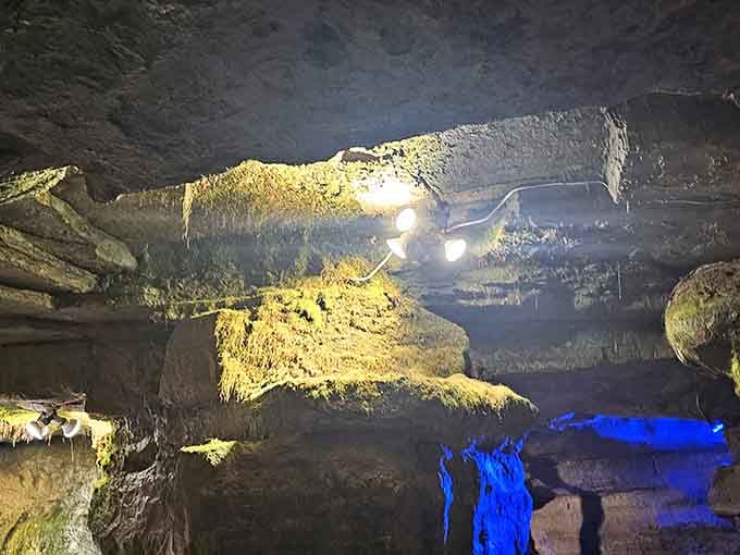 Looking up reveals the cave's towering height, with stalactites reaching down like nature's own chandeliers.