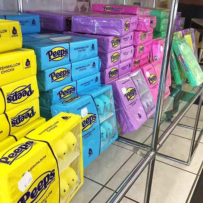 Peeps in every color of the rainbow, stacked like sugary building blocks for the Easter basket of your dreams.
