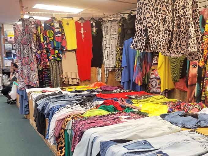 Vibrant clothing displays burst with color and pattern, offering style options for every taste and occasion imaginable.