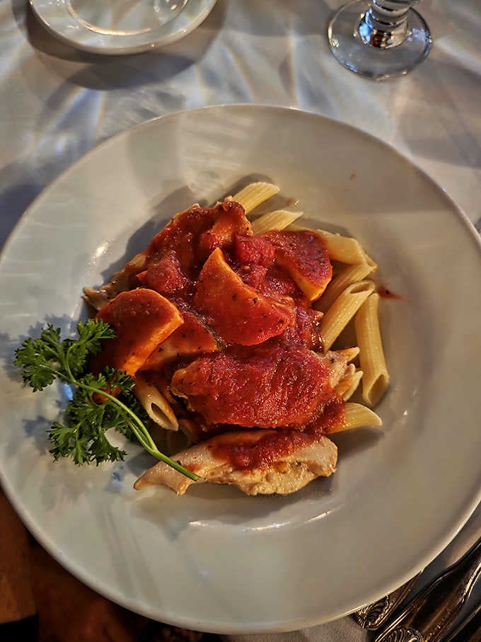 Chicken Cacciatore over pasta brings Italian comfort to this Irish-influenced steakhouse with delicious cross-cultural results here.