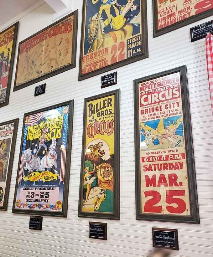 These colorful vintage circus posters add whimsy and conversation starters to every meal, creating unexpected visual entertainment.