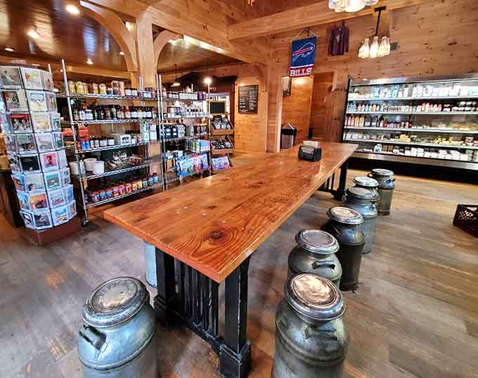 A simple table with milk cans as decor, proving that farm-fresh style never goes out of fashion.