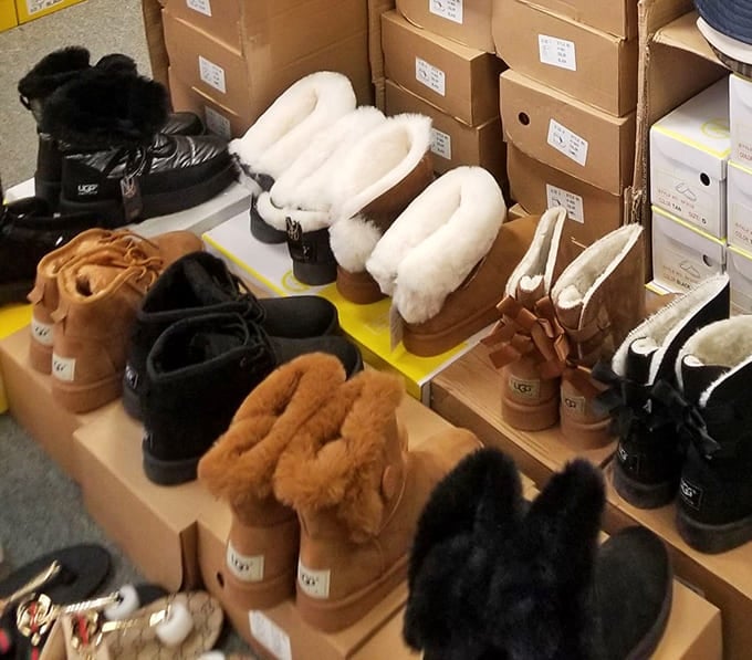 Fuzzy boots lined up like cozy soldiers, ready to keep feet warm through Pennsylvania winters.