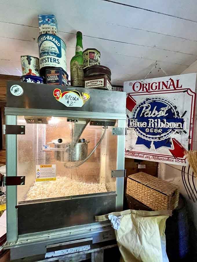 Vintage popcorn machine meets Pabst Blue Ribbon nostalgia in a corner that screams authentic Americana without even trying.