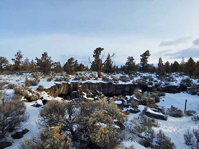 Snow-dusted sagebrush and juniper trees stand guard over these hidden volcanic treasures throughout the winter months.