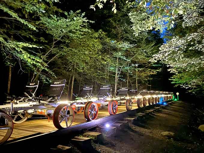 Under the stars, these rail bikes rest like sleeping mechanical horses, ready for tomorrow's adventures through the wilderness.