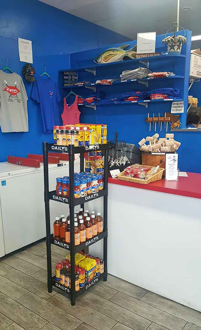 Bright blue walls and shelves stocked with coastal gear remind you that this is a proper beach town seafood destination.