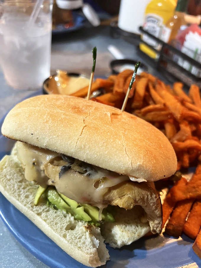 A grilled chicken sandwich with sweet potato fries, for when you want something substantial before the inevitable pie course.