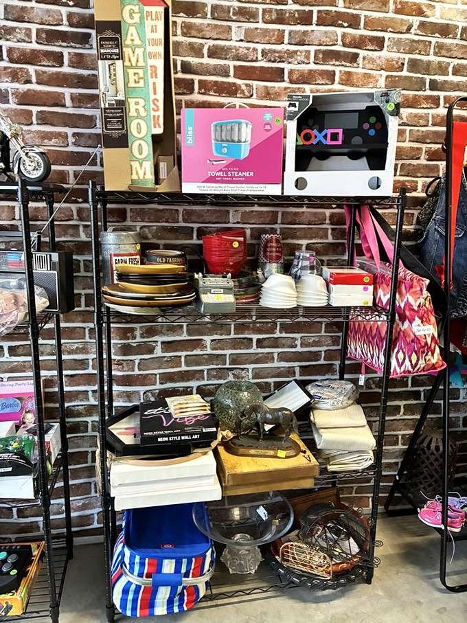 Against exposed brick, everyday items transform into a curated collection that somehow makes perfect sense together.