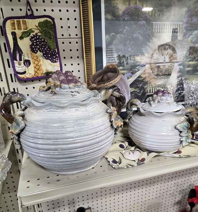 Decorative pottery with grape motifs brings Old World elegance to any shelf without the antique store markup prices.