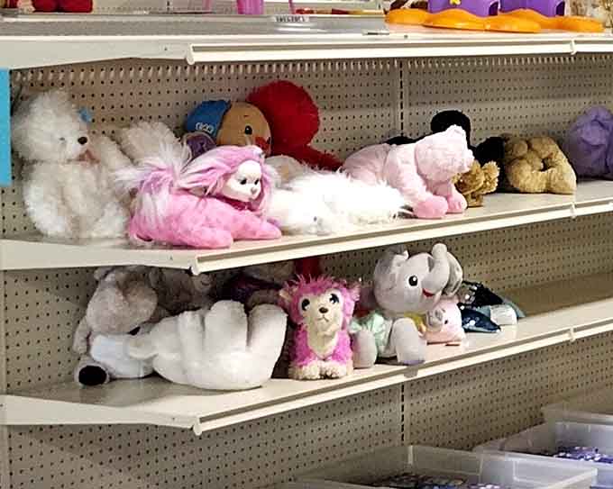 Plush toys lined up like they're auditioning for toy story roles, bringing childhood joy at grown-up friendly prices.