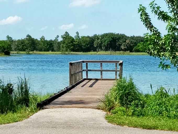 Peaceful lakeside dock perfect for catching your breath between rounds of aquatic adventures and spectacular wipeouts.