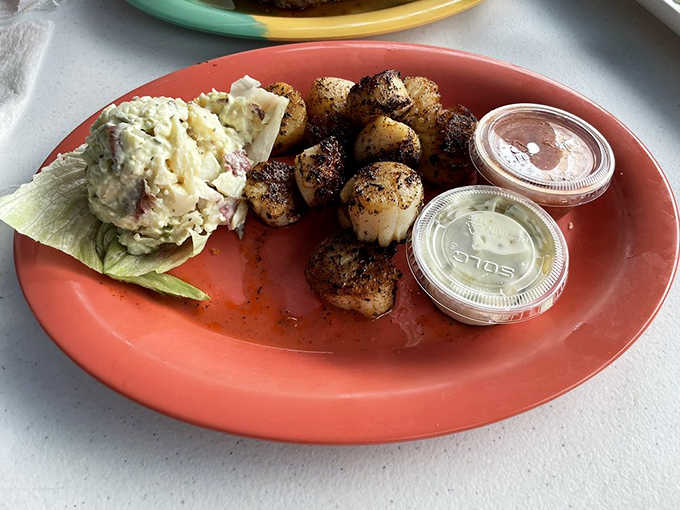 Blackened scallops with potato salad, because someone understood that seafood and comfort food make excellent dining companions together.