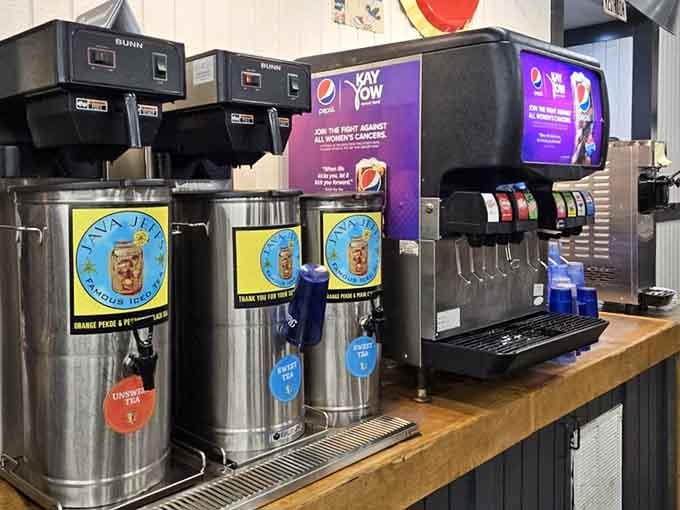 Sweet tea dispensers standing ready to provide the official beverage of Southern hospitality and good decisions.