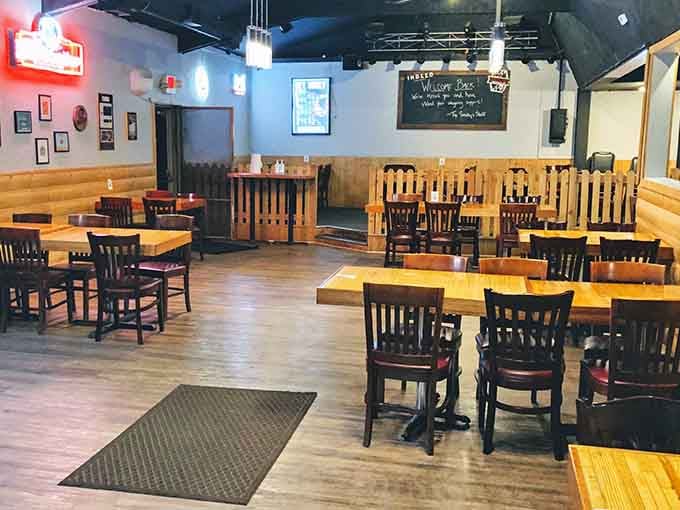 Wooden tables and comfortable seating invite you to settle in for the long, delicious haul ahead.