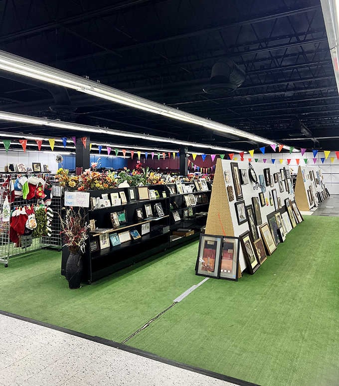 Picture frames and home décor arranged on green carpet, ready to showcase your memories without the markup price.