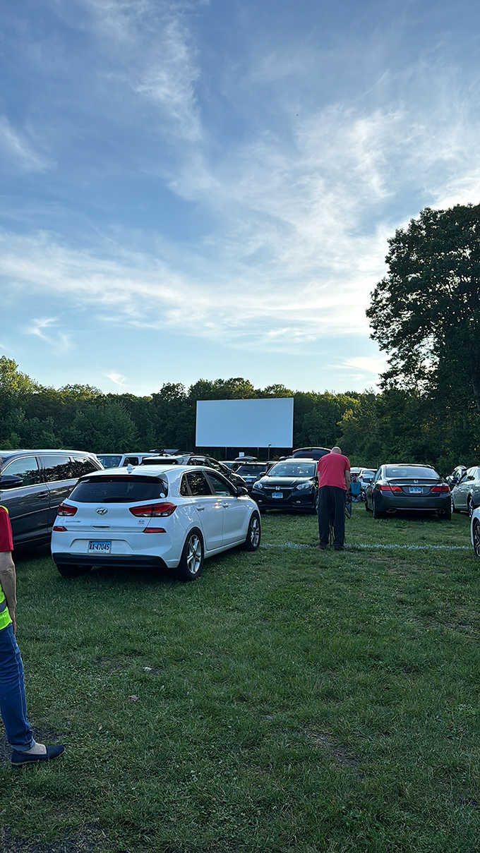 Under endless blue skies, cars dot the field while someone stretches their legs before showtime, living their best life.