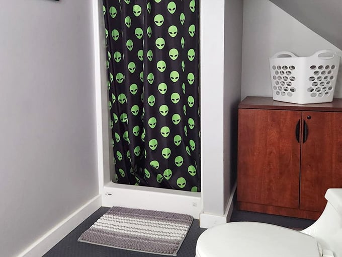 That alien-patterned shower curtain ensures even your bathroom breaks maintain the interstellar aesthetic throughout your entire stay.