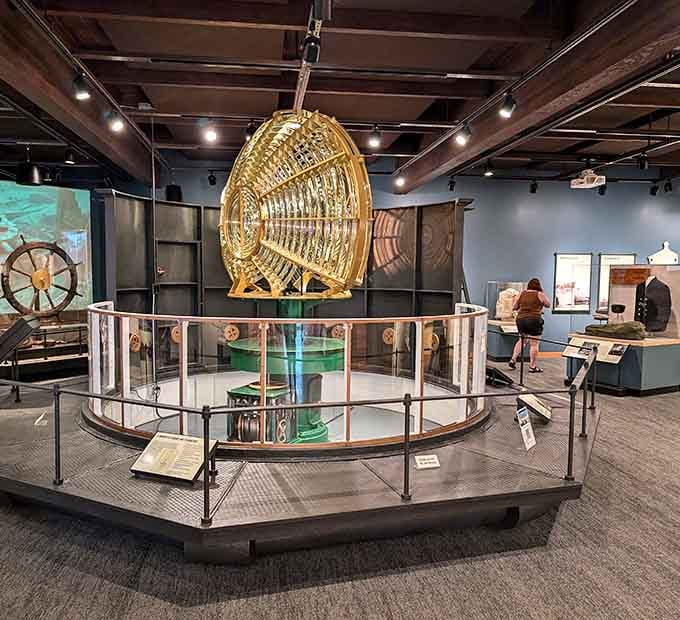 That Fresnel lens is basically the lighthouse's heart, a masterpiece of glass that once guided sailors home safely.