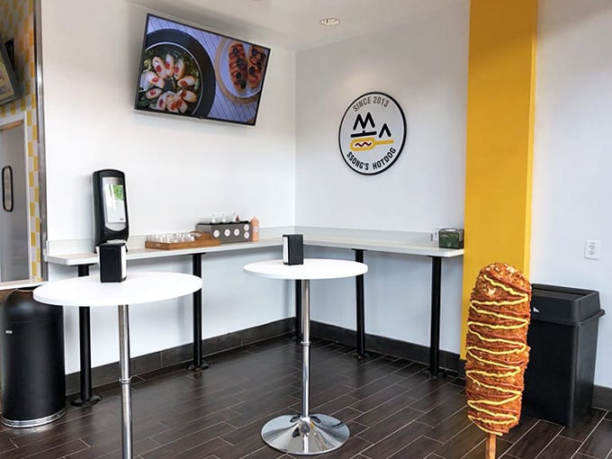 A few high-top tables provide the perfect spot to enjoy your Korean corn dog while it's still piping hot and photo-ready.