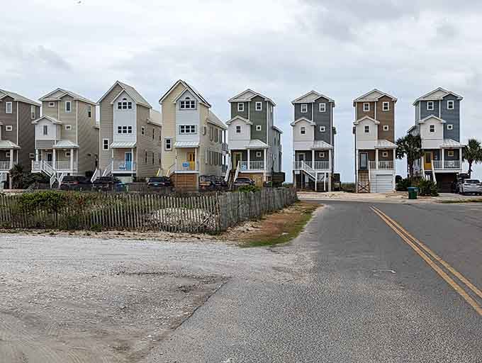 Beach houses lined up like they're waiting for a family photo, each with Gulf access.