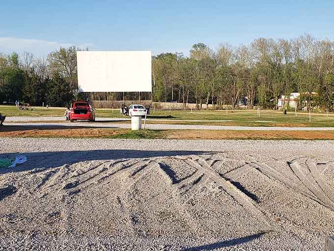 Fresh gravel and careful spacing ensure everyone gets an unobstructed view of tonight's double feature presentation ahead.