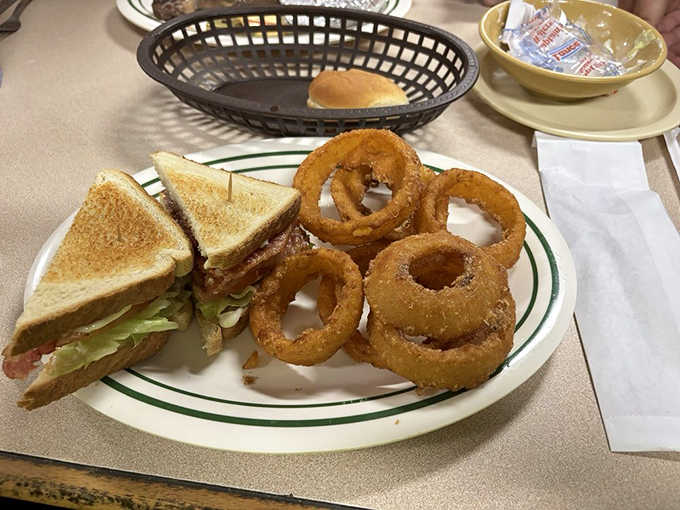 The BLT with onion rings combo that makes you question every lunch decision you've ever made before.