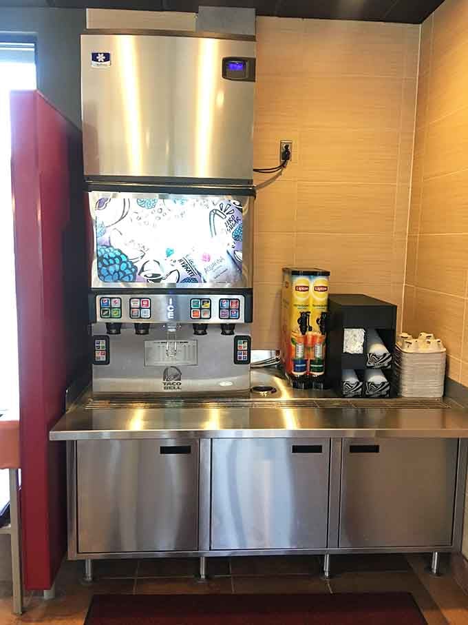 The beverage station stands ready with all your favorite fountain drinks and mysterious flavor combinations.