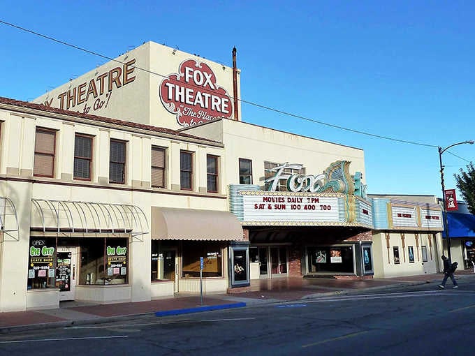 The Fox Theatre's vintage marquee lights up Center Street like a beacon from California's golden age.