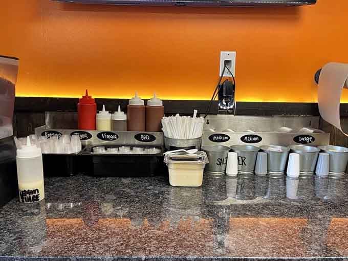 A condiment station this well-stocked tells you they respect your right to customize every single bite.