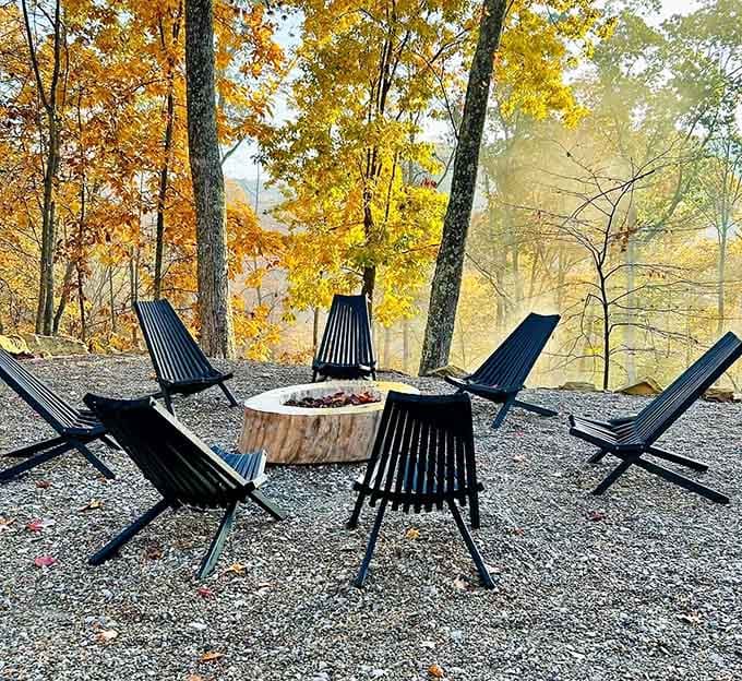 Modern Adirondack chairs circling a fire pit in autumn&mdash;this is what retirement brochures dream about at night.