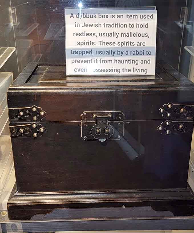 A dybbuk box designed to trap malicious spirits, which sounds like the world's worst jack-in-the-box waiting to surprise someone unfortunate.