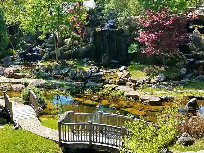 Waterfalls and koi ponds provide outdoor serenity that contrasts beautifully with the controlled chaos found indoors.