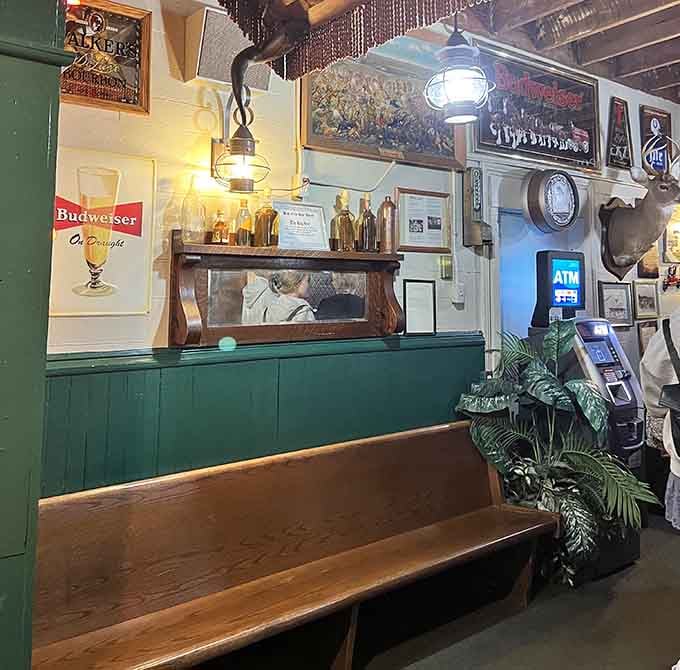 Even the waiting area feels like stepping back in time, though that ATM is decidedly modern convenience.