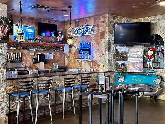 Stone walls, neon signs, a vintage Chevy bar fixture, and draft taps, this bar has more personality than most people.