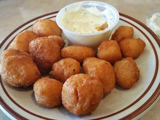 Golden cheese curds arrive like edible Wisconsin sunshine, crispy outside and gloriously melty within each bite.
