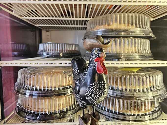 That decorative rooster standing guard over fresh pies shows this place takes both its theme and its desserts seriously.